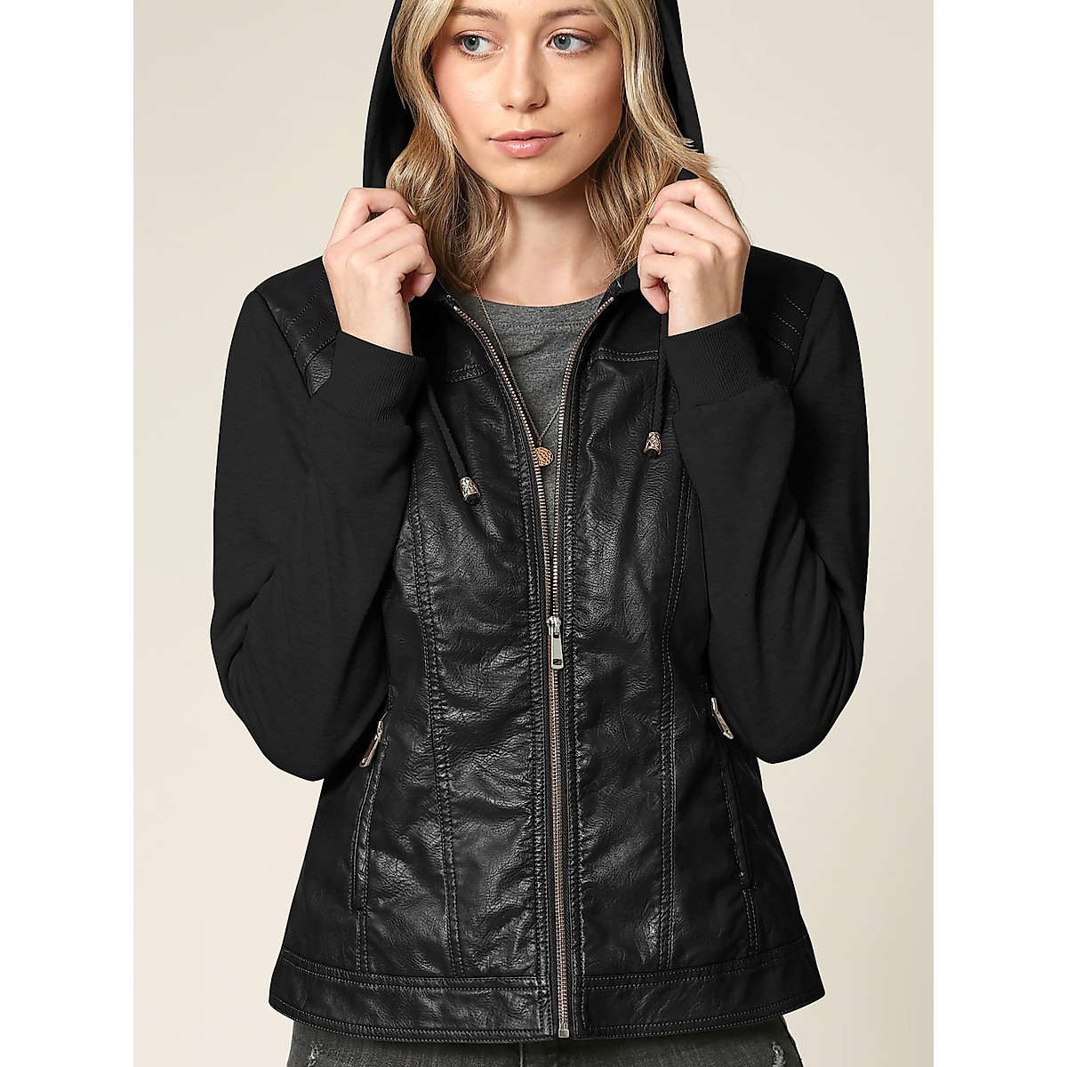 Lock and Love LL WJC1347 Womens Faux Leather Zip Up Moto Biker Jacket with Hoodie XL Black_Black