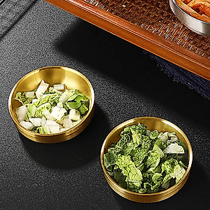 4PCS Double-Deck Mini Stainless Steel Sauce Dish, Round Seasoning Bowls, Sushi Dipping Pinch Bowls, Salad Dressing Plates for Appetizer, Side Dish, French Fries, Ketchup (3.5oz, Gold)