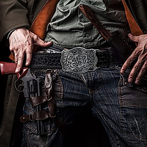 Xuniea Mens Cowboy Western Leather Buckle Belt Engraved Floral Buckle Belt Vintage Embossed Belt, 1-1/2 Inch Wide (Black,45 Inch)