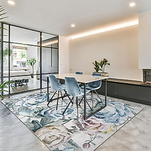 DECOMALL Jasmine Washable Area Rugs 9x12ft, Colorful Modern Floral Non Slip Rug, Soft and Thin Large Carpet for Living Room Bedroom,9x12ft Blue/Multi