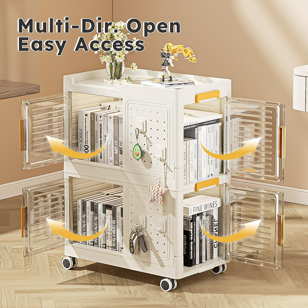 Runboll Storage Bins with Lids, 4-Tier Large Mobile Multifunction Utility Rolling Storage with 4 Pegboards & 8 Hooks Freely Adjustable, Stackable Storage Bins with Wheels for Every Room