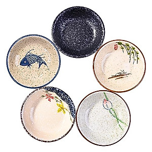 Whitenesser Sushi Sauce Dishes set of 5, Japanese Retro Porcelain Soy Side Dish Bowl Seasoning Dishes Soy Dipping Sauce Dishes