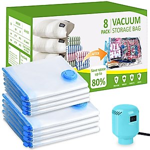 Vacuum Storage Bags with Electric Pump Set 8-Pack Large Vacuum Seal Bags for Clothing Vacuum Bags for Travel Packing and Home Bedding Blankets Organization