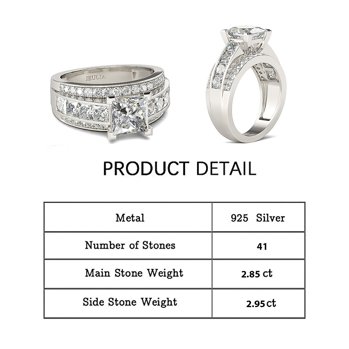 Jeulia Classic Princess Cut Sterling Silver Ring Cubic Zirconia Wedding Diamond Band Rings Engagement Bridal Anniversary Rings for her (Silver, 9.5)