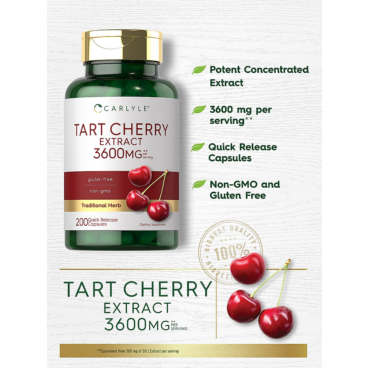 Carlyle Tart Cherry Extract Capsules | 200 Count | Non-GMO and Gluten Free Formula | Traditional Herb Supplement