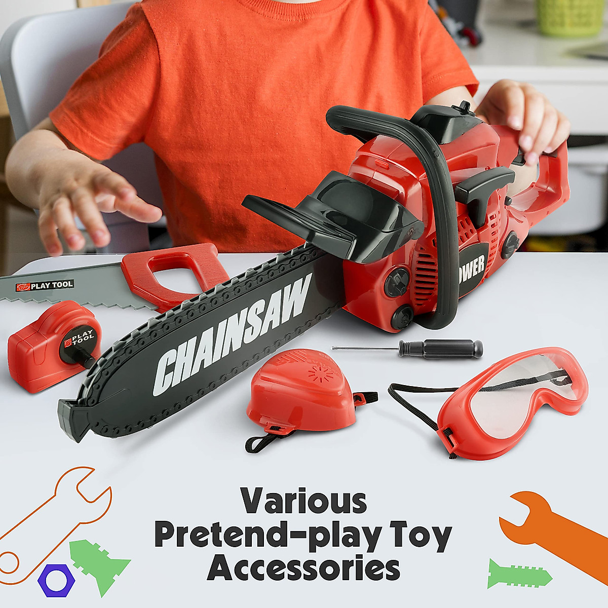 Toy Choi's Toy Chainsaw - Chainsaw Toy for Kids Power Tool Set with Realistic Sound, Pretend Play Kids Chainsaw Tool Set for Outdoor Gardening Play - kids toy for Boys Girls Ages 3 4 5 6 7 8 Years Old