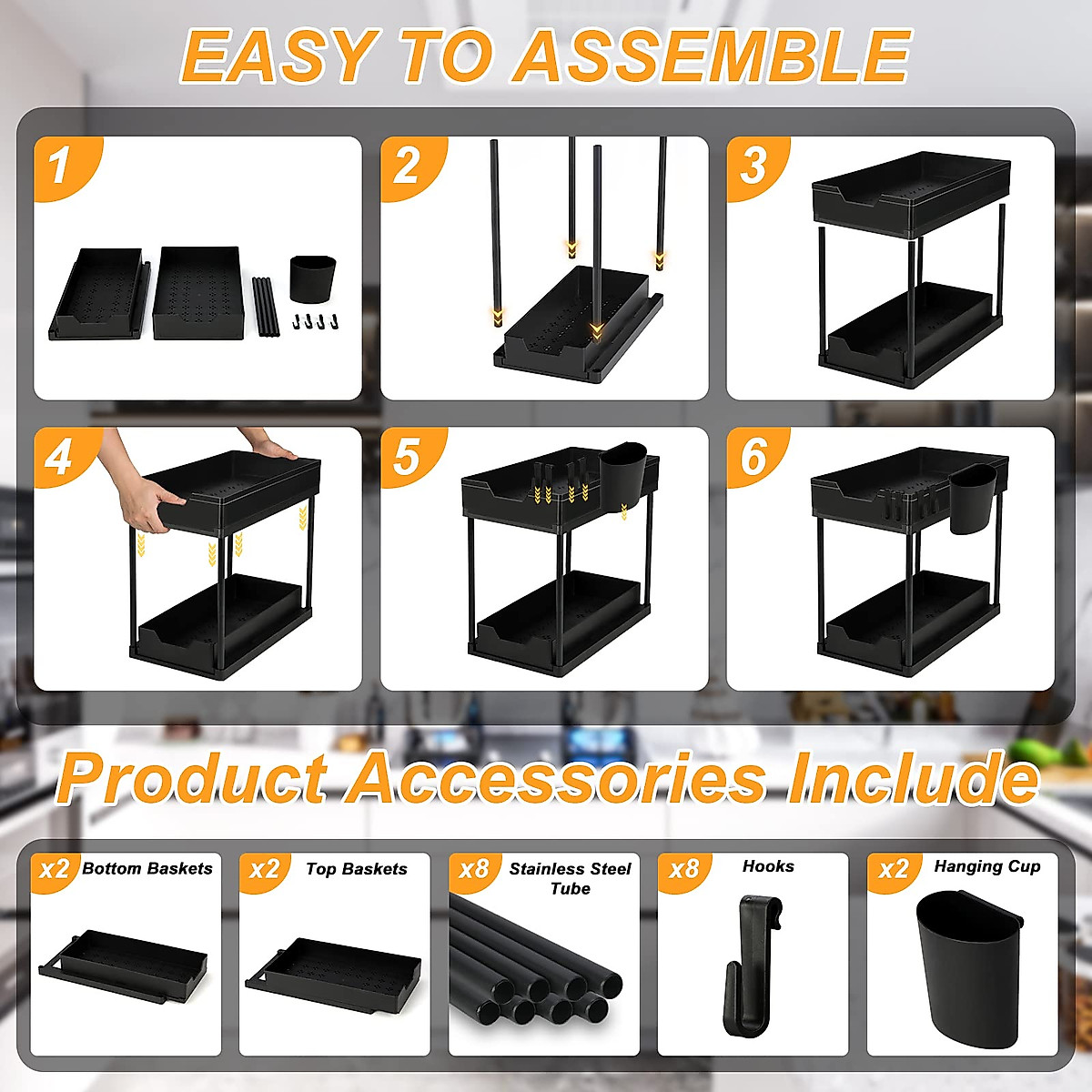 ENOMY 2 Pack Double Sliding Under Sink Organizers and Storage, 2 Tier Under Cabinet Organizer with Hooks & Hanging Cups Multi-Purpose Under Sink Shelf Organizer for Bathroom Kitchen, Black