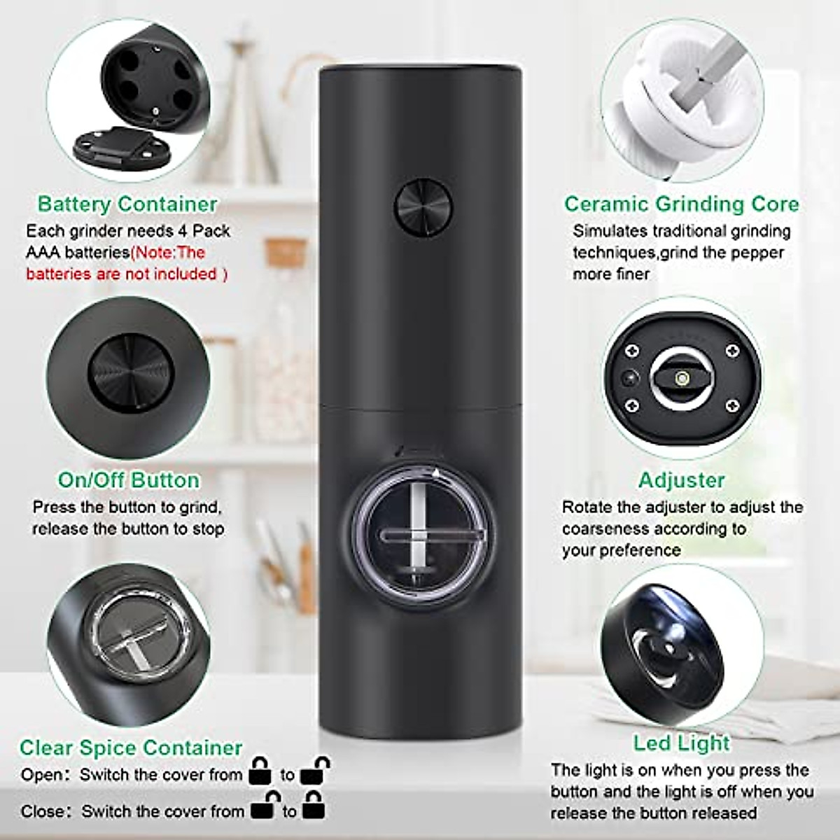 2 Pack-Electric Salt and Pepper Grinder Set, Coldairsoap Automatic Salt Pepper Mill Grinder with LED Light, Adjustable Coarseness, One-Hand Operation for Kitchen BBQ, Battery Operated Salt Grinder