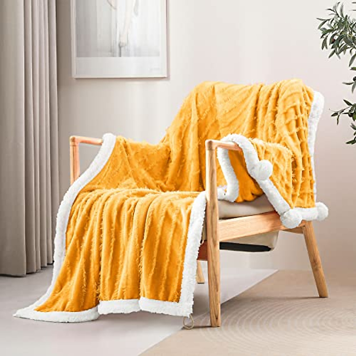 Exclusivo Mezcla Tassel Fleece Throw Blanket for Couch, Sofa, Bed, Soft Wrap Poncho Blanket, Lightweight and Warm (50x70 Inches, Mustard Yellow)