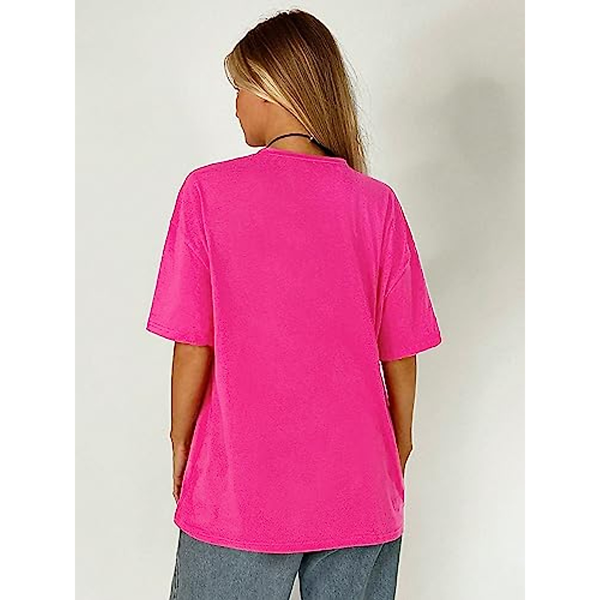 Verdusa Women's Oversized T Shirt Letter Graphic Drop Shoulder Round Neck Tee Top Hot Pink S