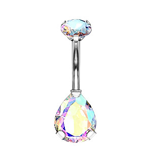 Pierced Owl 14G Implant Grade Titanium Internally Threaded Top Prong Set Double CZ Pear Navel Belly Button Ring (Aurora Borealis)