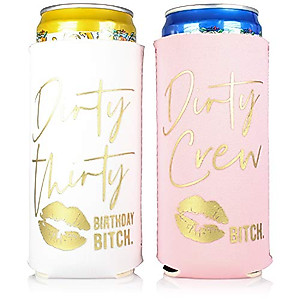 Birthday Slim Can Coolers (10, Dirty Thirty Birthday Pink & Gold)