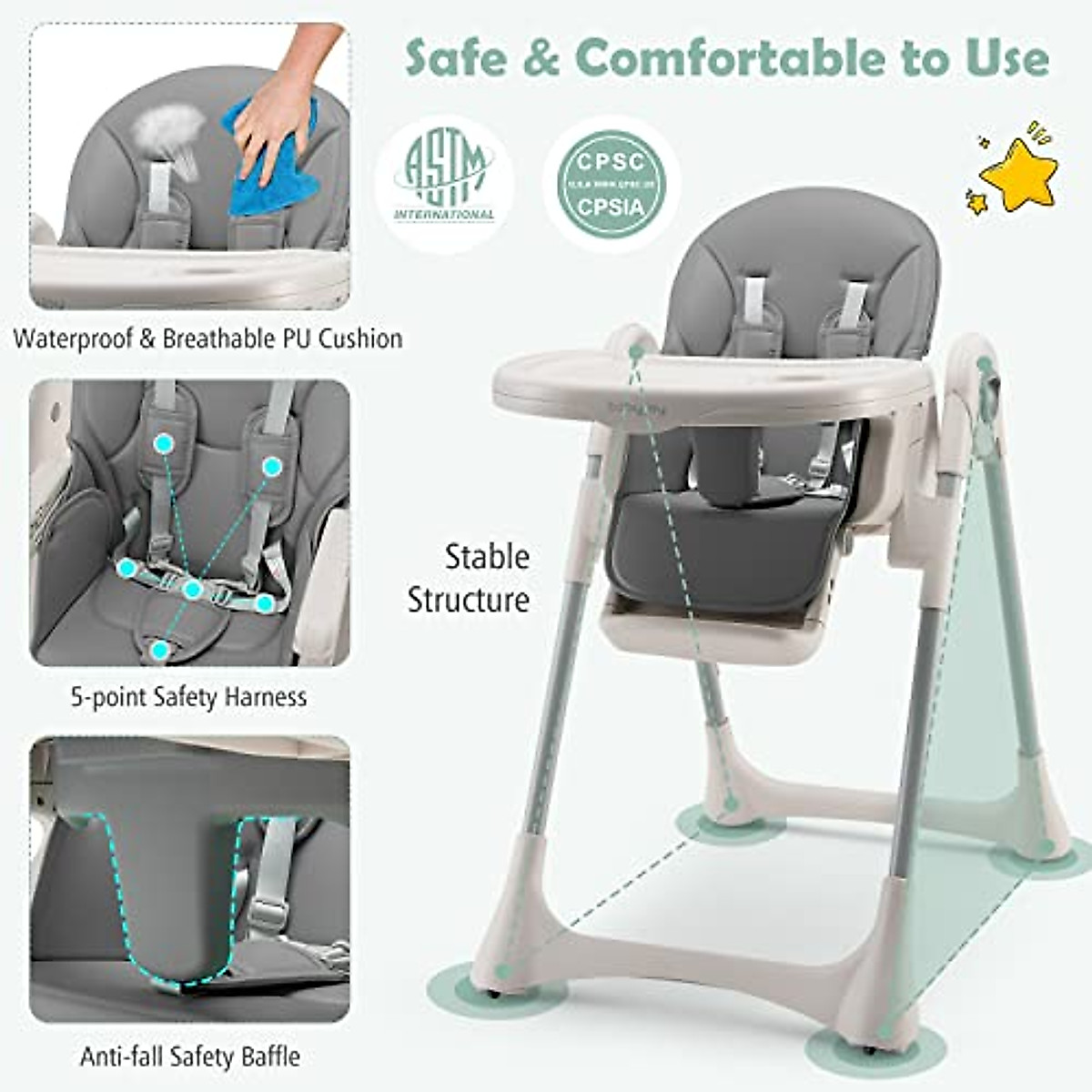 BABY JOY Convertible High Chair for Babies & Toddlers, Foldable Highchair with Adjustable Backrest/Footrest/Seat Height, Double Removable Tray, Detachable PU Cushion, Built-in Front Wheels (Gray)