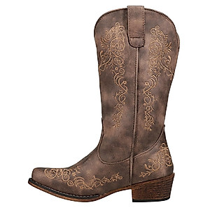 ROPER Womens Riley Scroll Embroidery Snip Toe Casual Boots Mid Calf Low Heel 1-2" - Brown - Size 7 M