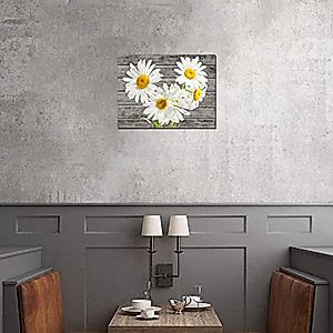TAOMI White Daisy Flowers Picture Bedroom Bathroom Wall Art Yellow Daisy Flower Wood Grain Canvas Print 12x16 Rustic Farmhouse Floral Artwork for Living Room Office Home Decor Ready to Hang