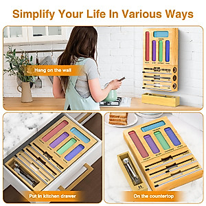 HOSTENU Storage Bag Organizer for Kitchen Drawer, 9 in 1 Foil and Plastic Wrap Dispenser with Cutter, Bamboo Plastic Baggie Organizer for Gallon, Quart, Sandwich, Snack & 12"" Rolls, Orange