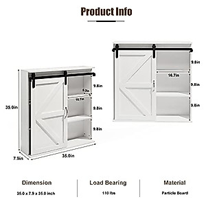 Wood Storage Wall Cabinet,Bathroom Hanging Cabinet with Sliding Barn Door and 3 Tiers Adjustable Shelf, Medicine Cabinet or Farmhouse Storage Wall Cabinet for Kitchen, Bathroom, Living Room,White