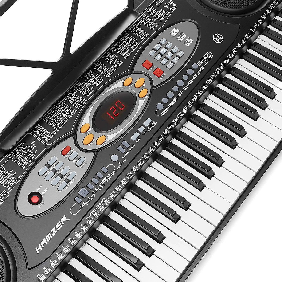 Hamzer 61-Key Electronic Keyboard Portable Digital Music Piano with X-Stand, Microphone & Sticker Set