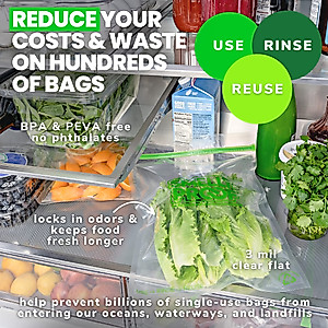 Smelly Proof Reusable Freezer Bags for Food Storage MADE IN USA, Easy Clean, Dishwasher-Safe, PEVA & BPA FREE, XXL 3-mil Thick Bags, Extra Large+ Clear FLAT 12" x 16", 2-GALLON, 5-Pack