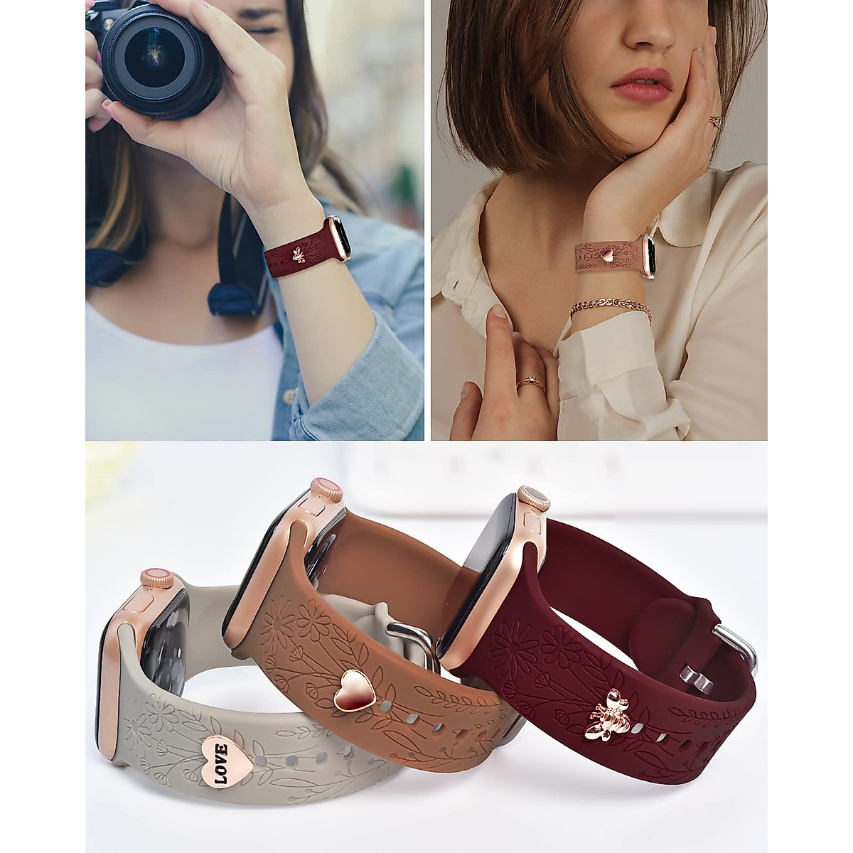 ORATYFAN Floral Engraved Bands with Charms Compatible with Apple Watch Bands 38mm 40mm 41mm, Soft Sport Silicone Wristbands Women Flower Replacement Strap for iWatch Bands Series SE 8 7 6 5 4 3 2 1