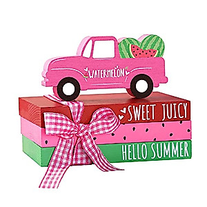 Jetec Summer Tiered Tray Decor Wooden Spring Mini Truck Wood Decorative Book Stack Sign Sunflower Watermelon Bee Farmhouse Shelf Decoration Rustic Truck Decor Table Decor for Summer Home Decor