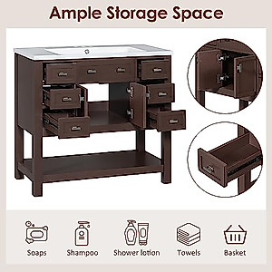 VKKILPEE 36'' Freestanding Bathroom Vanity Set Bathroom Vanity with Top Sink, Bath Vanity Storage Cabinet with 6 Drawers & 2 Soft Closing Doors, Modern Bathroom Vanity and Sink Combo, Brown