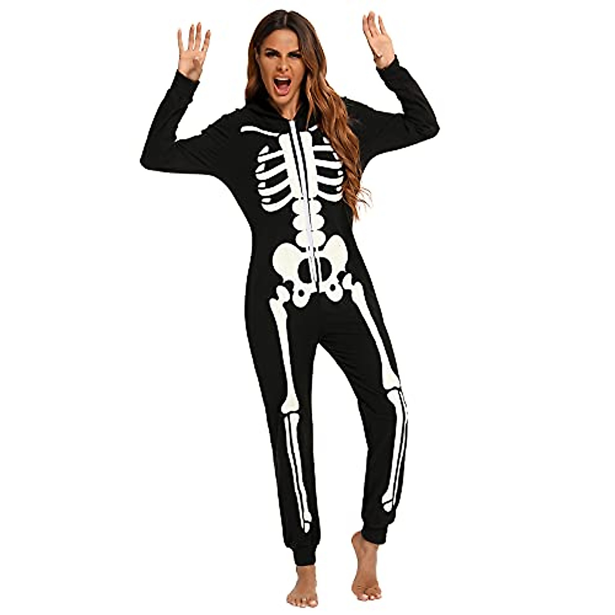 Veseacky Women's Skeleton Costume Onesie Pajama Halloween Holiday Glow in Dark One-Piece PJS with Hoodie Bodysuit Skeleton Jumpsuit Outfits Small