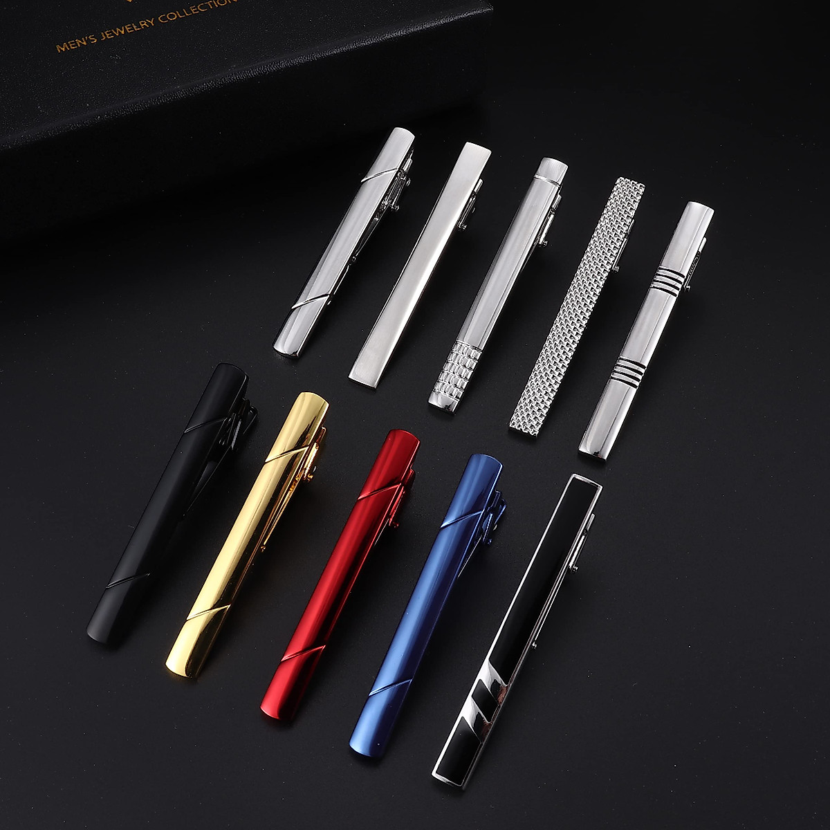 CASSIECA 10 Pcs Tie Clips for Men Classic Tie Bar Set for Regular Ties Necktie Wedding Business Clips with Gift Box