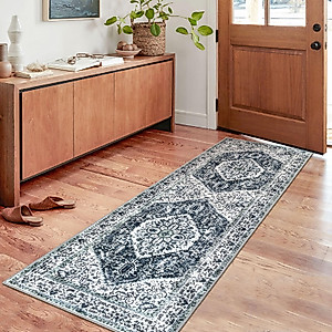 KOZYFLY Runners for Hallways 2x6 Ft Washable Kitchen Runner Rug Boho Runner Rug for Entryway Indoor Grey Oriental Faux Wool Bathroom Runner Rug Floor Carpet Runner for Bedroom Kitchen Hall