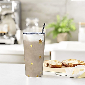 EVANEM 20 Oz Stainless Steel Tumbler With Straw Cleaner White Cloud Gold Stars Printed Insulated Cup Travel Coffee Mug Vacuum Insulated Tumblers For Home Office