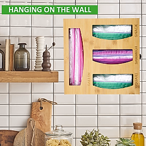 POBIDOBY Storage Bag Organizer Ziplock Bag Storage Baggie Organizer Dispenser for Kitchen Drawer with 4pcs Hooks, Bamboo Organizer Compatible with Gallon, Quart, Sandwich & Snack Variety Size Bags