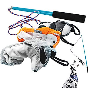 Jalousie Collapsible Dog Flirt Pole with Three Squeaky Toys Plush Toys Dog Teaser Wand Chase it Dog Toy with Refills (Dog Flirt Pole w/ Three Toys) - Upgraded Rope
