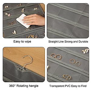 Qupzsen Hanging Jewelry Organizer, Double-Sided 48 Pockets, Storage Roll with Hanger Metal Hooks, Jewelry Holder for Necklaces, Earrings, Rings on Closet, Wall, Door, 1 Pcs, Grey