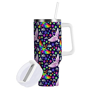 Emelivor Colorful Birds Cloud 40 oz Tumbler with Lid and Straw Insulated Tumblers with Handle Large Travel Coffee Mug Stainless Water Cup Fits in Car Cup Holder