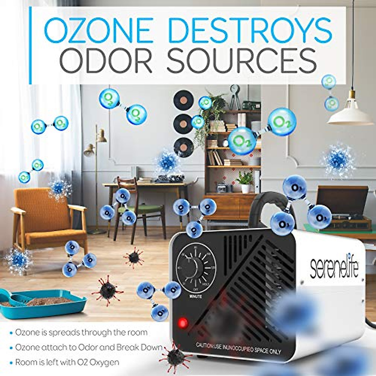 SereneLife 10,000mg/h Compact Ozone Generator - Commercial Ozone Generator Portable Industrial Ozone Deodorizer Sterilizer Odor Eliminator Machine, Up to 2000 Sq Ft Coverage - SLOZOGEN100