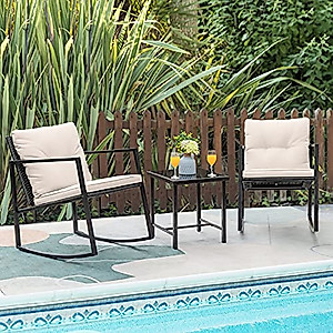 Edenbrook Bayview Rattan Patio Furniture - Mix and Match Outdoor Furniture, L-Shape Sofa Only, Brown Rattan/Cream & Greesum 3 Pieces Rocking Wicker Bistro Set, Patio Outdoor Furniture Conversation