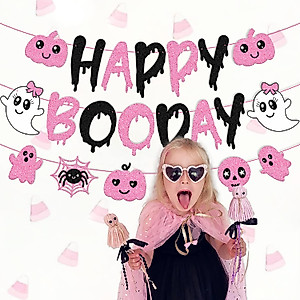 Happy Boo Day Banner Pink Black Halloween Ghost Bat Little Boo Themed for Girl Halloween Happy Boo Day Baby Shower Party Supplies Glitter Halloween Decorations