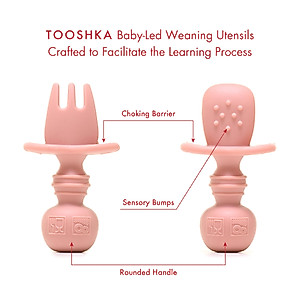 Tooshka Baby Utensil Set (6 pcs) - Self Feeding Spoons - Silicone & BPA Free - Baby-Led Weaning (BLW) Supplies - Ages 6+ Months - Set of 6 - Brown, Green, & Pink