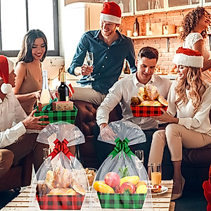 Wonderjune 12 Pack Christmas Gifts Empty Basket Kit 9.8 x 8.3'' Red Green Plaid Cardboard Basket to Fill Bulk with Handle Shrink Wrap Bags, Pull Bows, Raffle Gift for Xmas Decor