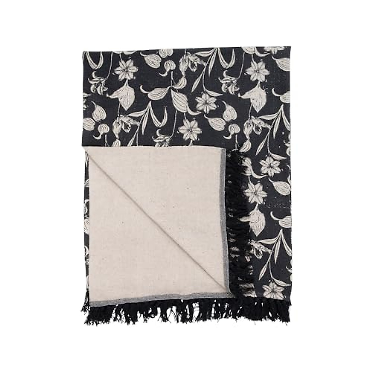 Creative Co-Op Recycled Cotton Printed Throw with Floral Pattern and Fringe