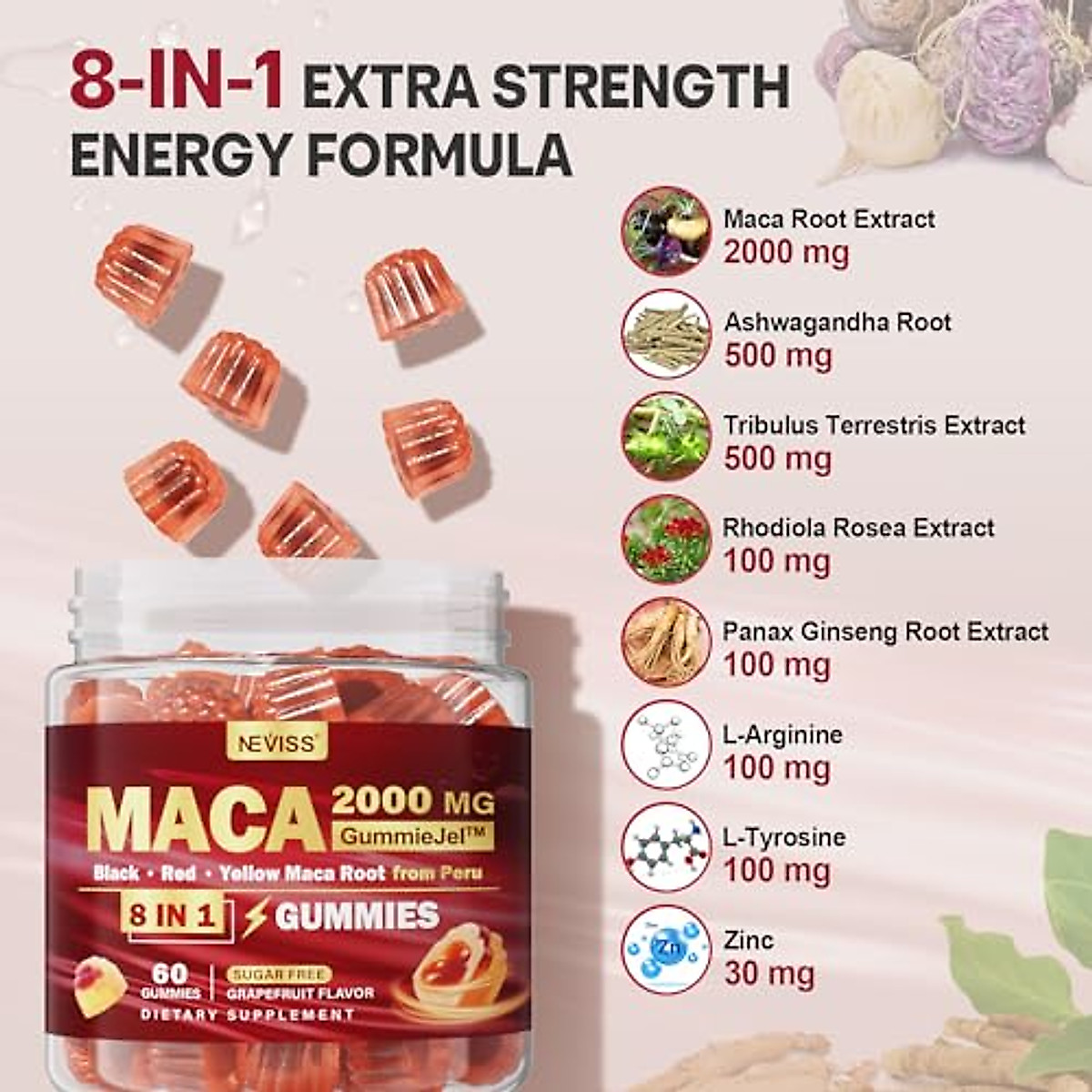 Sugar Free Maca Root Filled Gummies 2000mg for Women & Men with Ashwagandha, Tribulus Terrestris, Rhodiola, Panax Ginseng, L Arginine & L Tyrosine for Natural Energy, Mood & Immune Support - Vegan