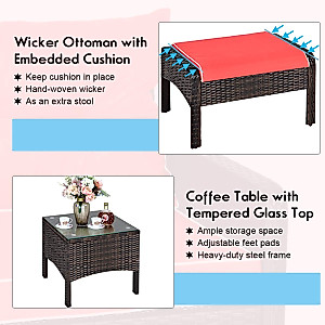 Tangkula Wicker Furniture Set 5 Pieces PE Wicker Rattan Outdoor All Weather Cushioned Sofas and Ottoman Set Lawn Pool Balcony Conversation Set Chat Set