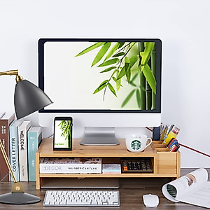 NXN-HOME 2-Tier Bamboo Monitor Stand | Wood Desk Organizers and Accessories | Laptop Computer Monitor Riser with Adjustable Storage Accessories