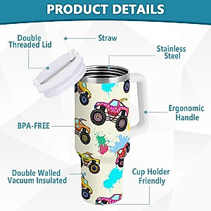 ODAWA 40oz Travel Coffee Tumbler with Straw and Handle, Colorful Monster Trucks Double Wall Insulated Tumbler