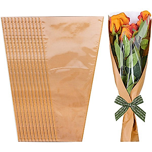 50Pcs Flower Wrapping Bags Kraft Paper with Ribbon Floral Packing Sleeves Bouquet Bags Clear Flower Wrapping Sleeves for Wedding Birthday Graduation Anniversary Mother's Day Gift, 9.8x3.9x17.9 Inch