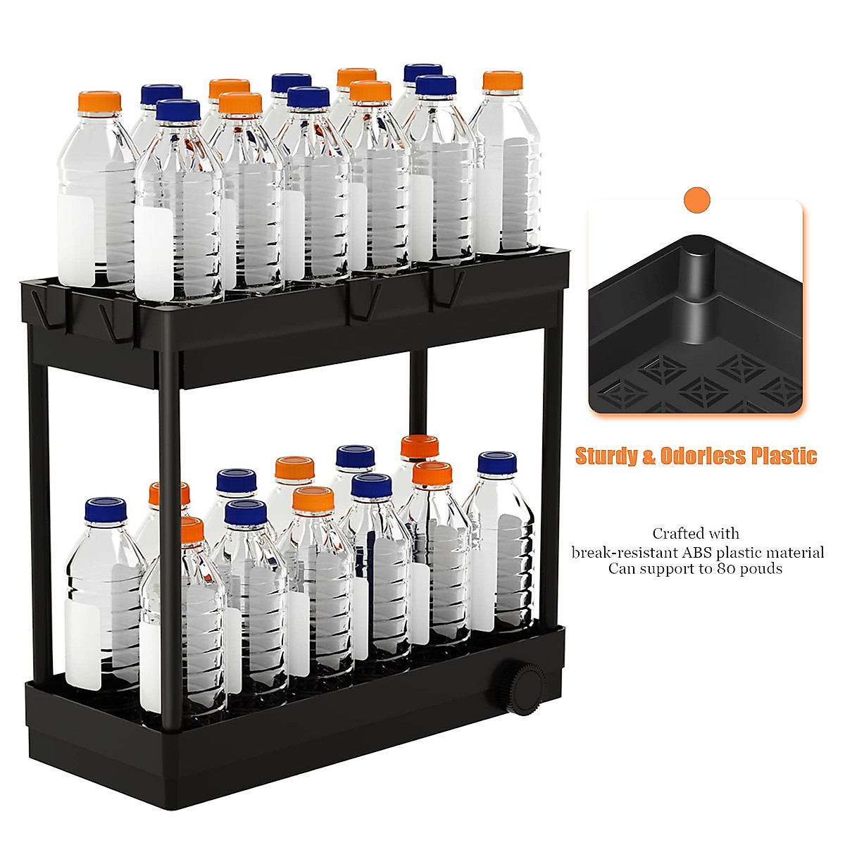 Under Sink Organizer, Rolled Multi-Purpose 2-Tier Under Sink Organizers and Storage for Bathroom Kitchen Countertop, Bathroom Cabinet Organizer Under Sink (Support to 80LBS) with Wheels, Hooks 2Pcak