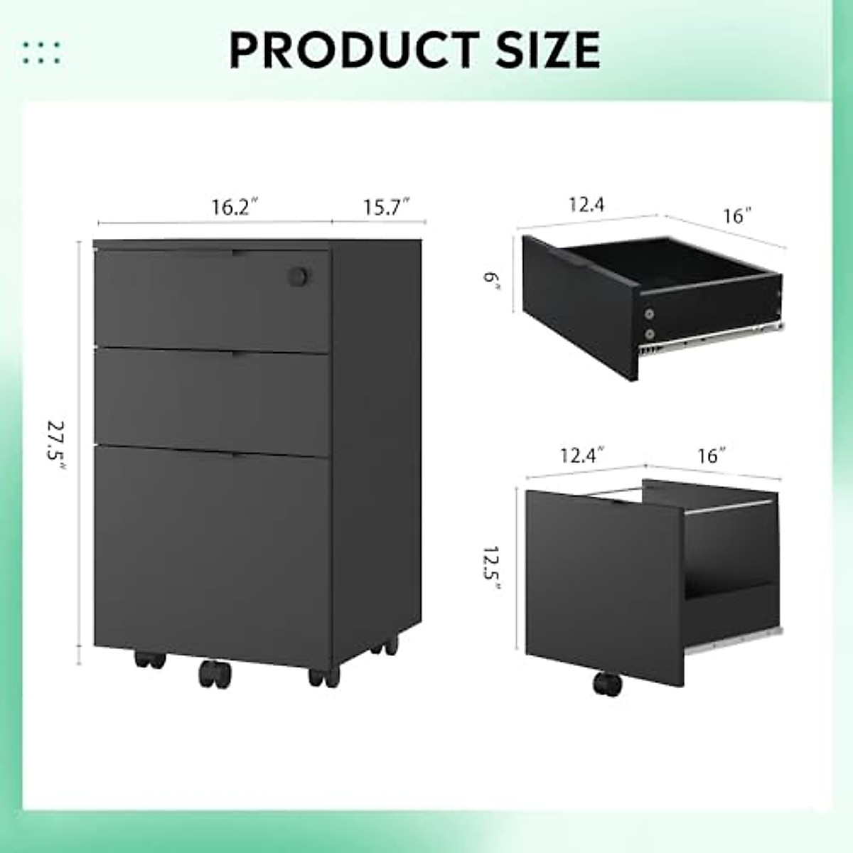 GOSROMS 3 Drawer File Cabinet with Lock & Charging Station, Wooden Move File Cabinet with Wheels, for Home Office, A4/Letter Size Files Under Desk - Black