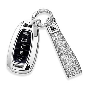 Royalfox(TM) 3 4 5 buttons 3d bling diamond fashion crystals smart remote Key Fob case Cover For Hyundai i30 Azera ix35 Elantra Accent Santa Fe IG Grandeur,2017-2022 Hyundai Palisade keychain (silver)