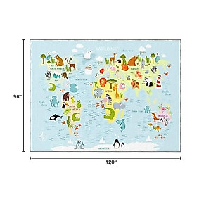 Kids Area Rug World Map Cute Animal Rugs Educational Floor Carpet for Boy Girl Machine Washable Area Rugs for Living Room, Bedroom, Playroom,8' x 10', Blue
