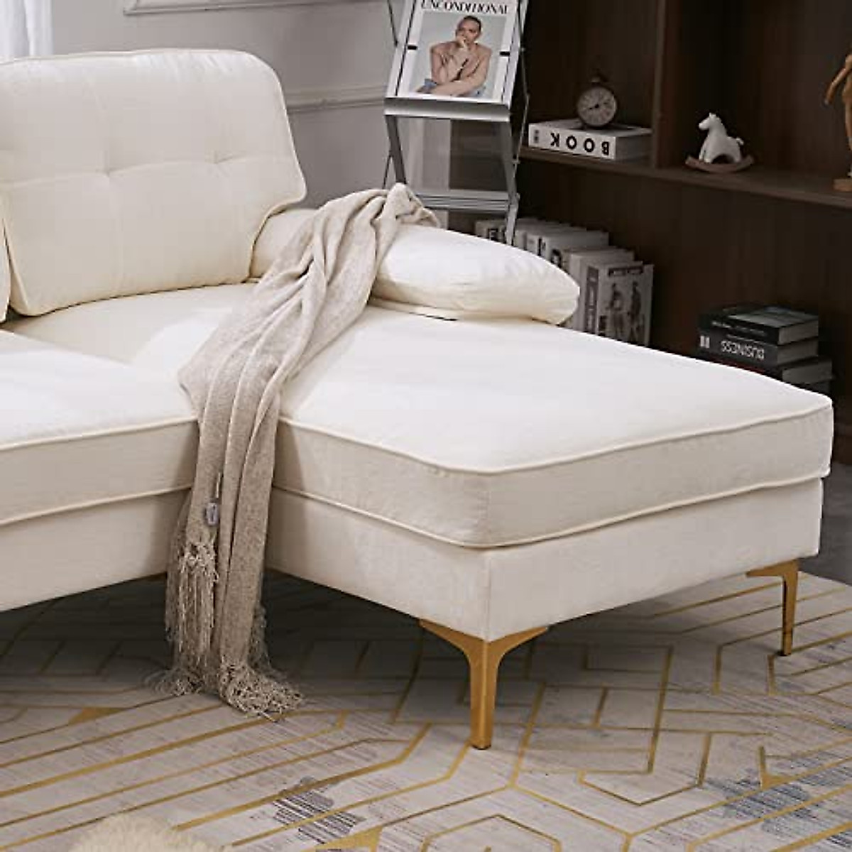 POULEII Sectional Sofa,Modern L-Shape Modular Sectional Sofa Sleeper Couch with Chenille Fabric and Gold-Plated Feet for Living Room, Apartment, Office,Creamy-White